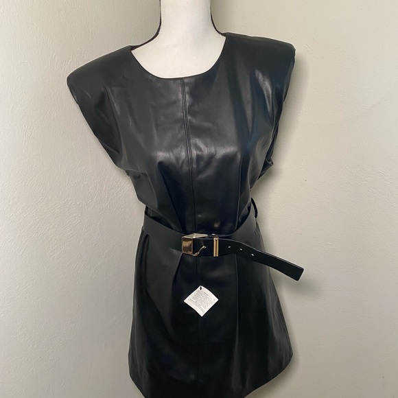 Zara | Dresses | Zara Nwt Shoulder Pad Faux Leather Black Shift Dress ...